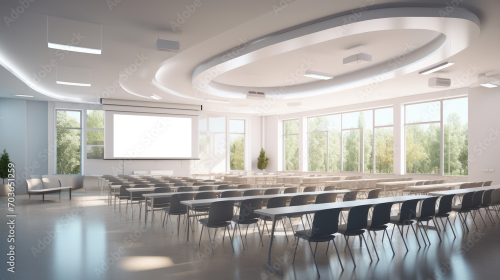 Contemporary lecture hall with circular lighting and wide windows ...