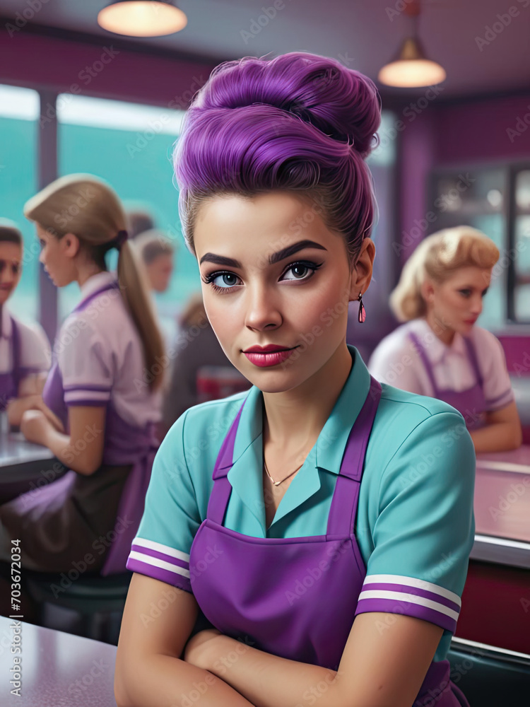 Vibrant 80s Diner Waitress - Close-up telephoto bird's eye view ...