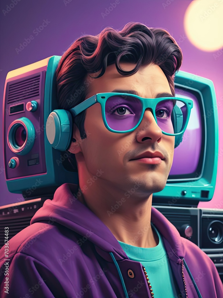 Retro TV Enthusiast - Close-up headshot portrait of a character with a ...
