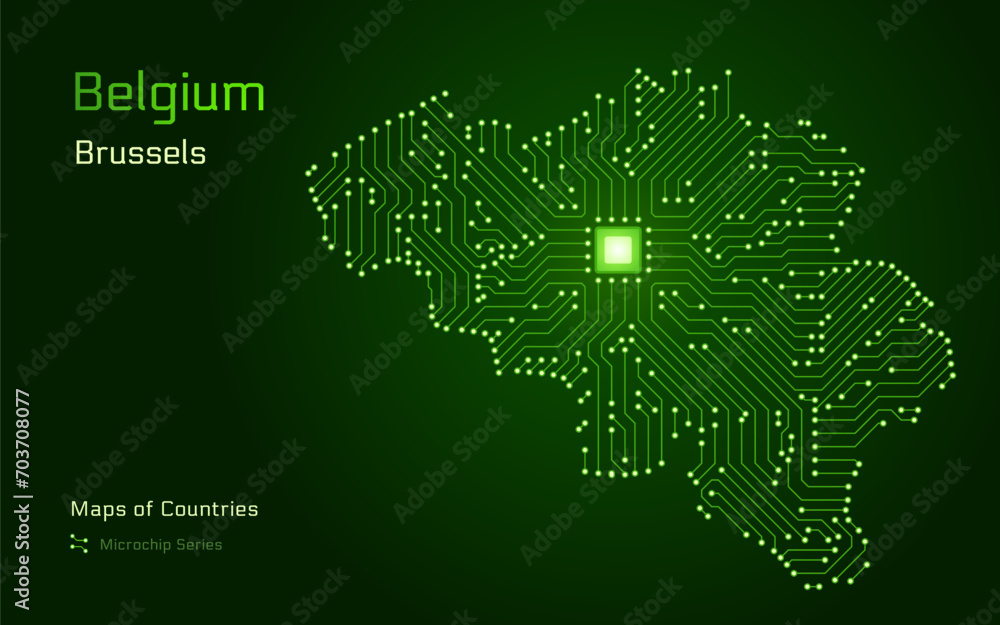 Belgium Map with a capital of Brussels Shown in a Green Glowing ...