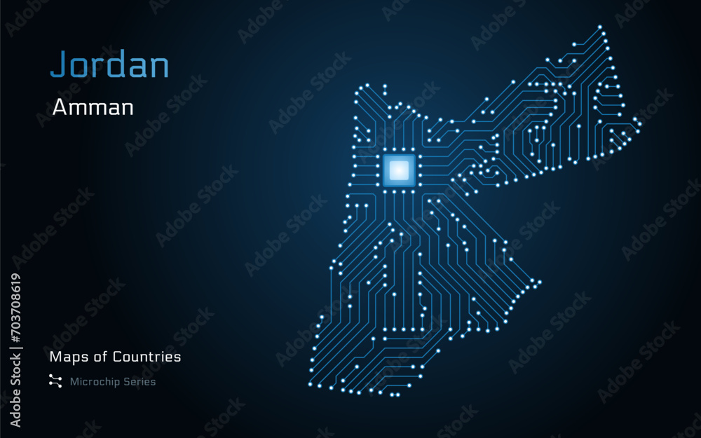 Jordan Map with a capital of Amman Shown in a Blue Glowing Microchip ...
