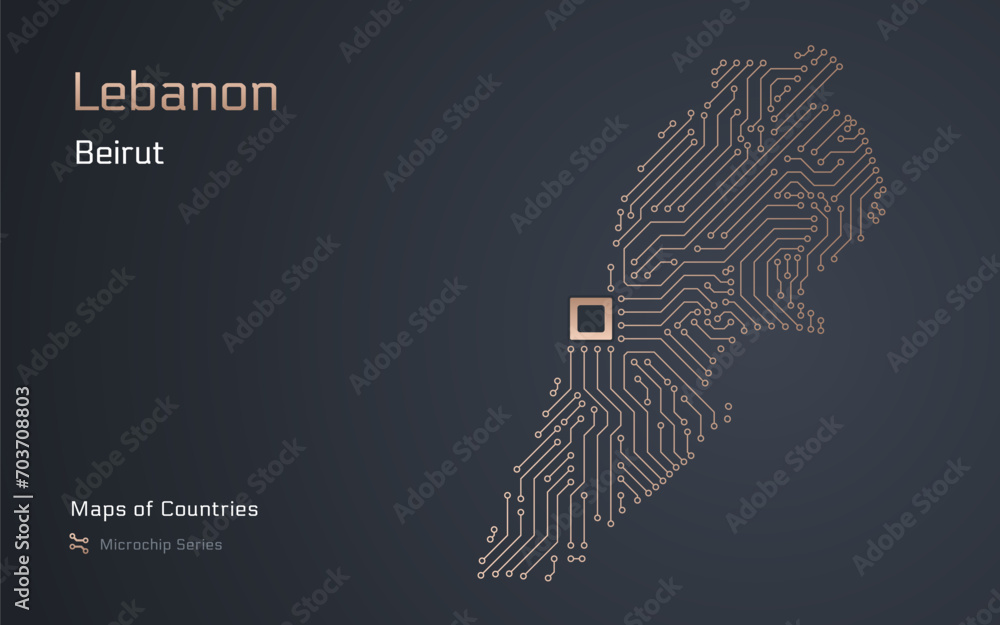 Lebanon Map with a capital of Beirut Shown in a Microchip Pattern. E ...