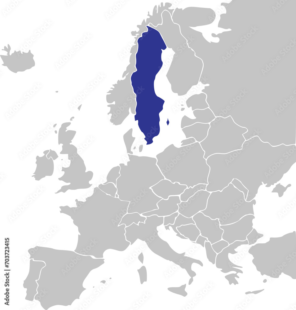 Blue CMYK national map of SWEDEN inside simplified gray blank political ...