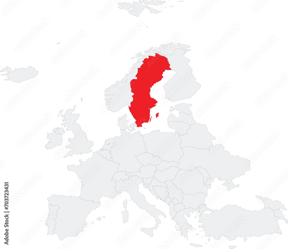 Red CMYK national map of SWEDEN inside gray blank political map of ...