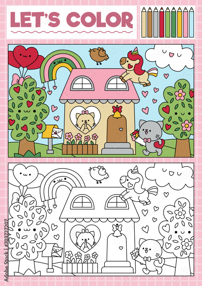 Saint Valentine coloring page for children with cute kawaii scene with ...