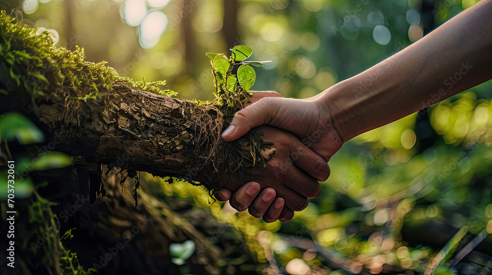 Environment protector handshake for teamwork of protecting trees ...