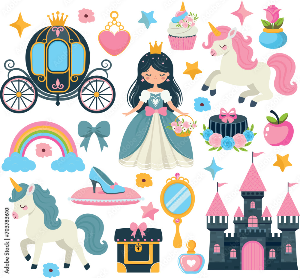 Princess clipart vector set. Castle, carriage and fairytale accessories ...