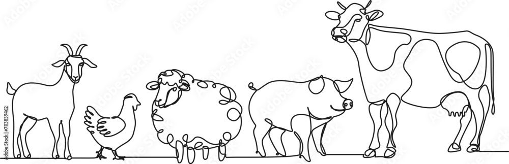 continuous single line drawing of farm animals, livestock line art ...