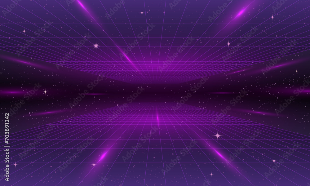 80s Retro Sci-Fi Background Futuristic Grid landscape. Digital cyber ...