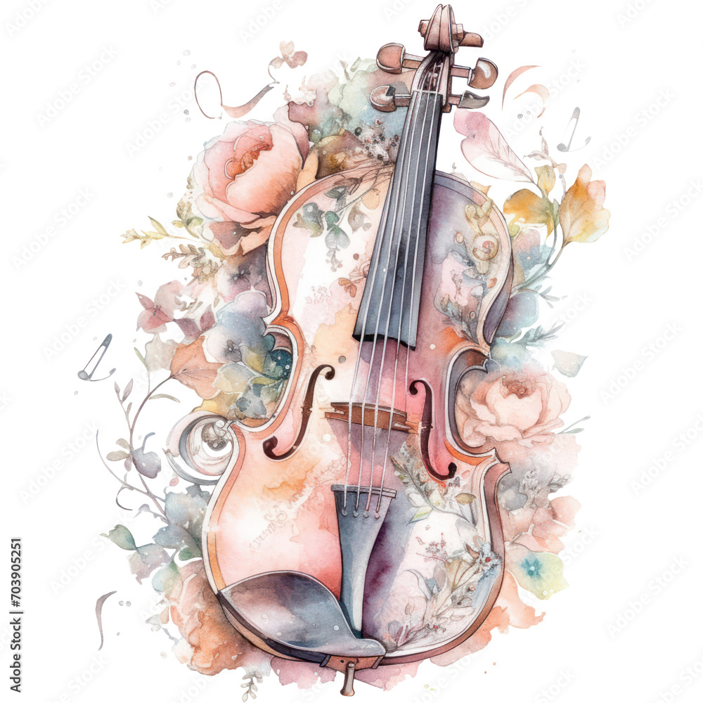 Watercolor Violin with lush flowers and foliage. Pastel pink floral ...