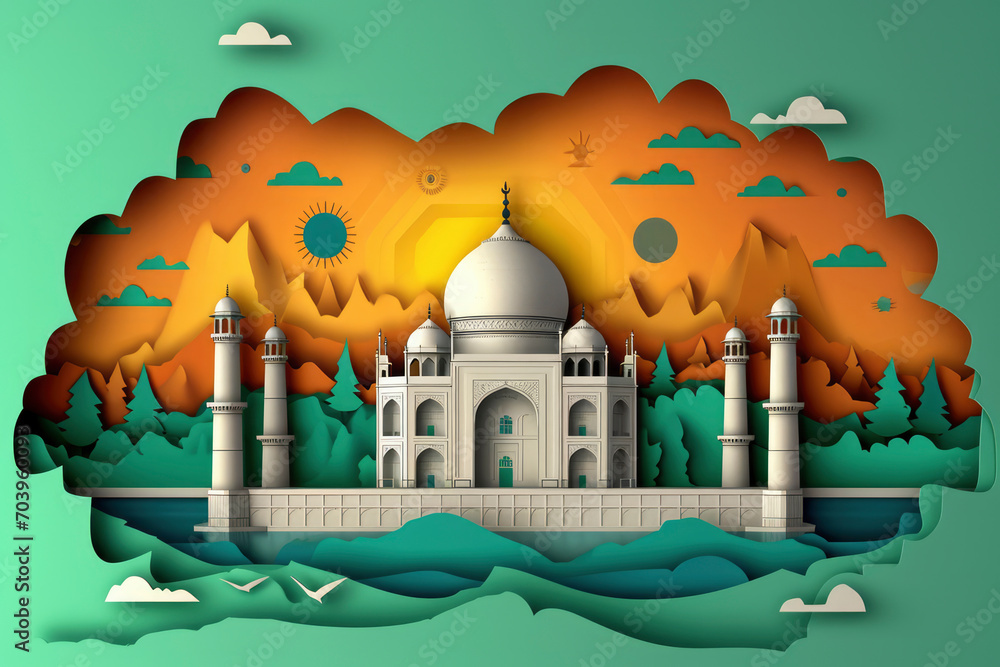 Panorama postcard of world famous landmarks of India with India flag ...