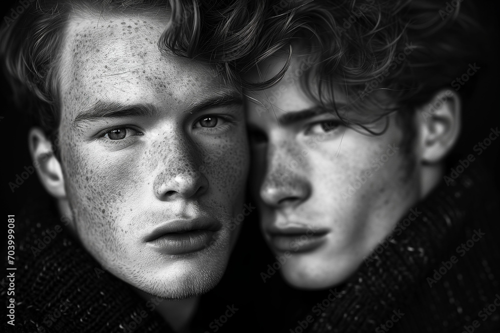 Double portrait of two handsome young men, cheek to cheek with freckles ...