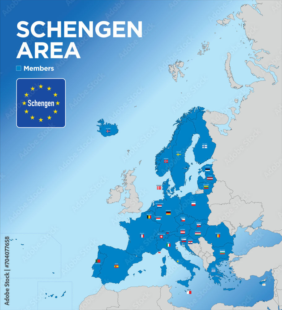 Schengen Area map with the territorial division of the states with ...