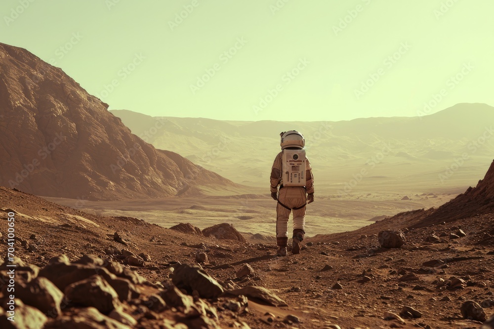 A lone figure braves the unforgiving terrain, their space suit a stark ...