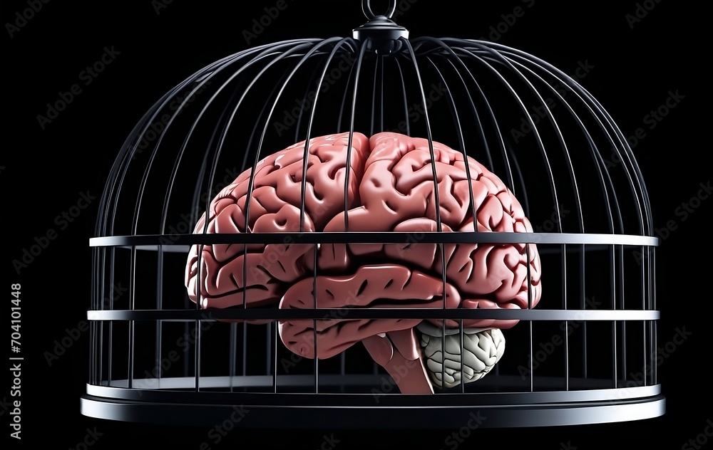 Human brain inside a dark cage, isolated on black background. Lack of ...