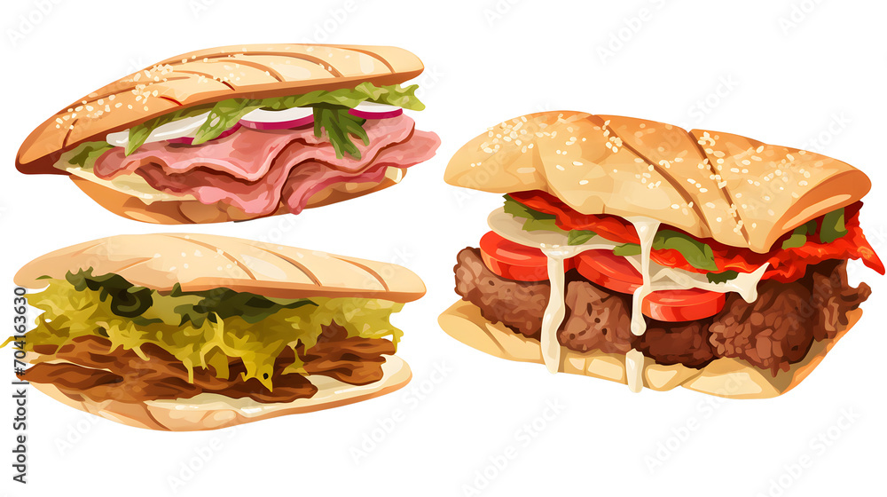 Set of Turkish doner kebab sandwich, canadian peameal bacon, Korean ...