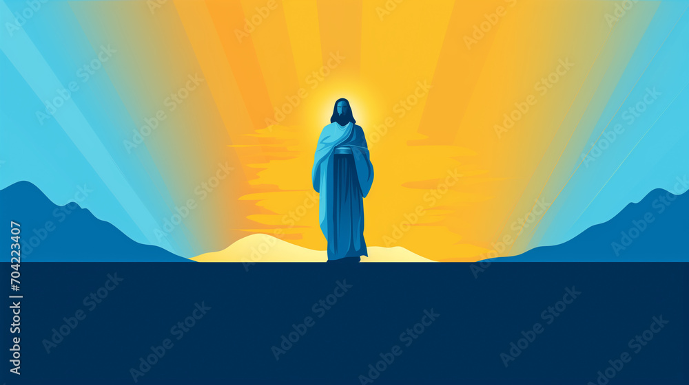 Silhouette of Jesus Christ in yellow and blue tones. 2d flat image of a ...