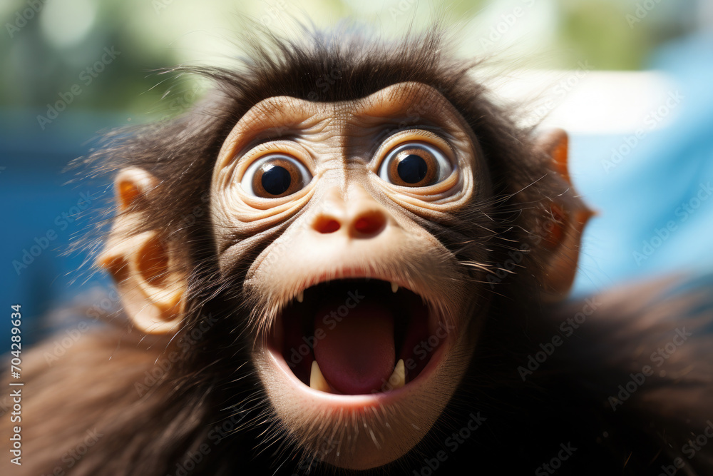 Close-up portrait of a surprised, shocking monkey with its mouth open. Humorous photo, meme ...