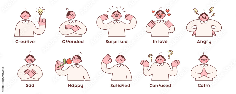 Set of cute characters expressing various emotions with gestures and ...