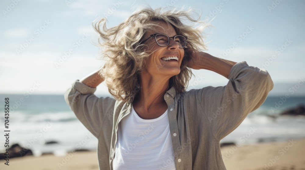 American mature woman with arms outstretched feeling the breeze at ...