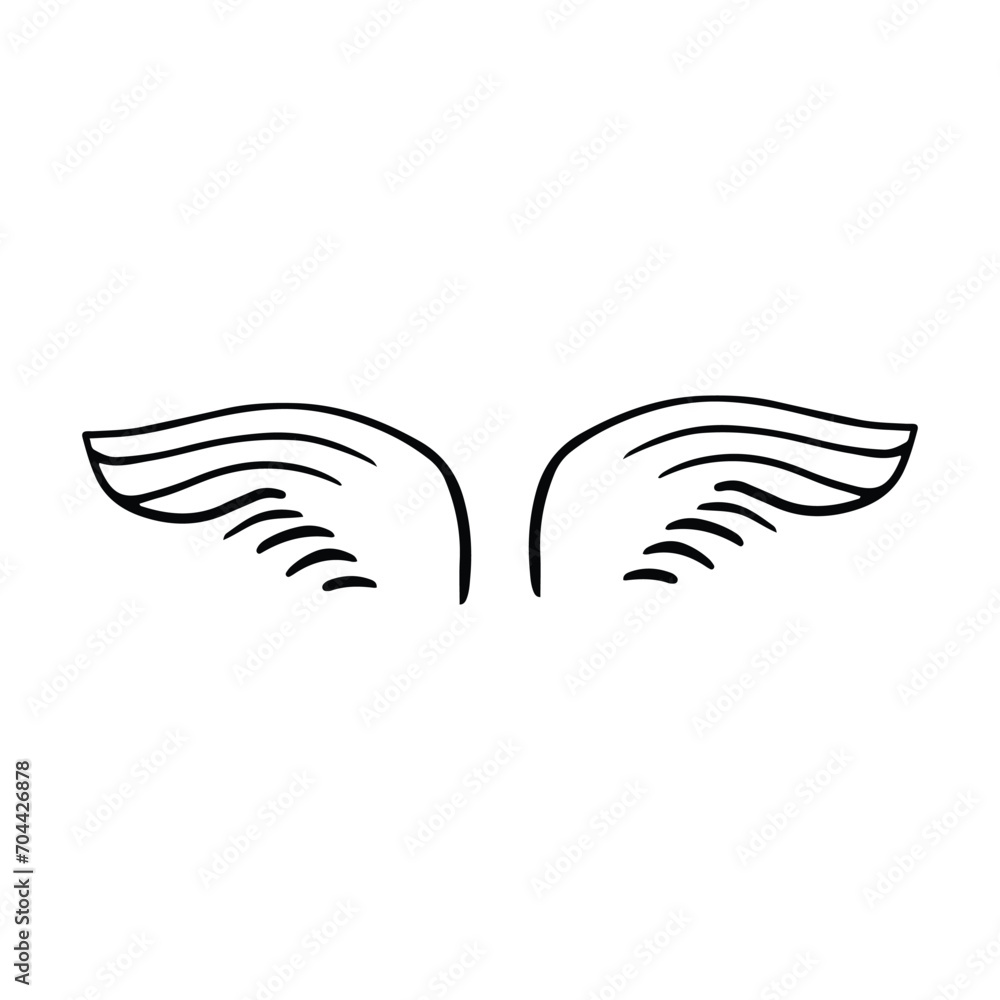 Doodle wings. Cartoon bird feather wings, religious angel wings ink ...