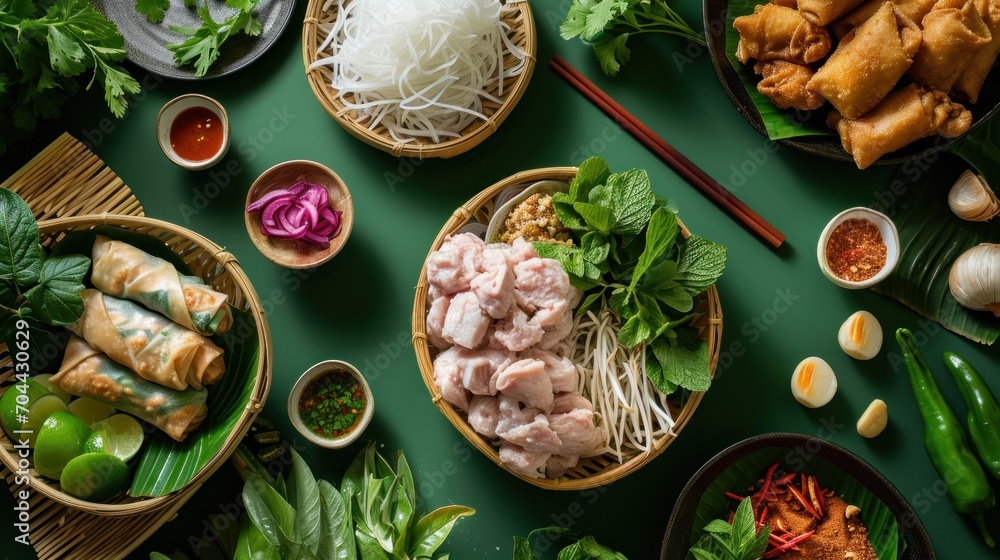 Boiled Chicken with Pickled Onions and Vietnamese Spring Rolls Stock ...