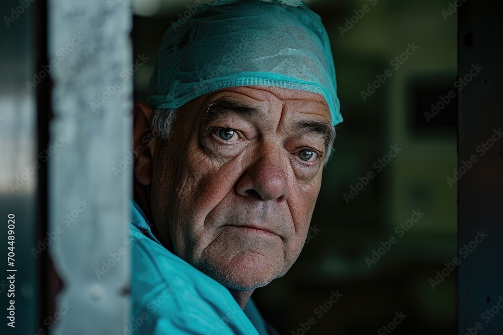 A portrait of a weathered man wearing a blue cap, his wrinkled face ...
