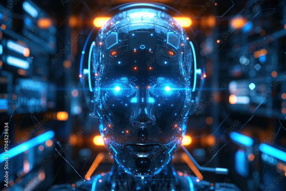 AI. Artificial intelligence. Head robot hanging over podium and look at virtual dashboard. Stock ...