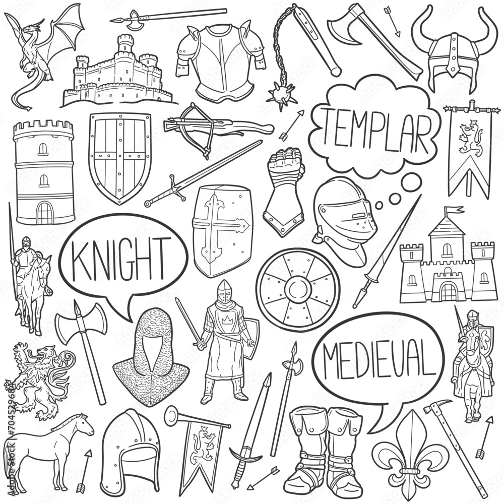 Knight Doodle Icons Black and White Line Art. Medieval Clipart Hand ...