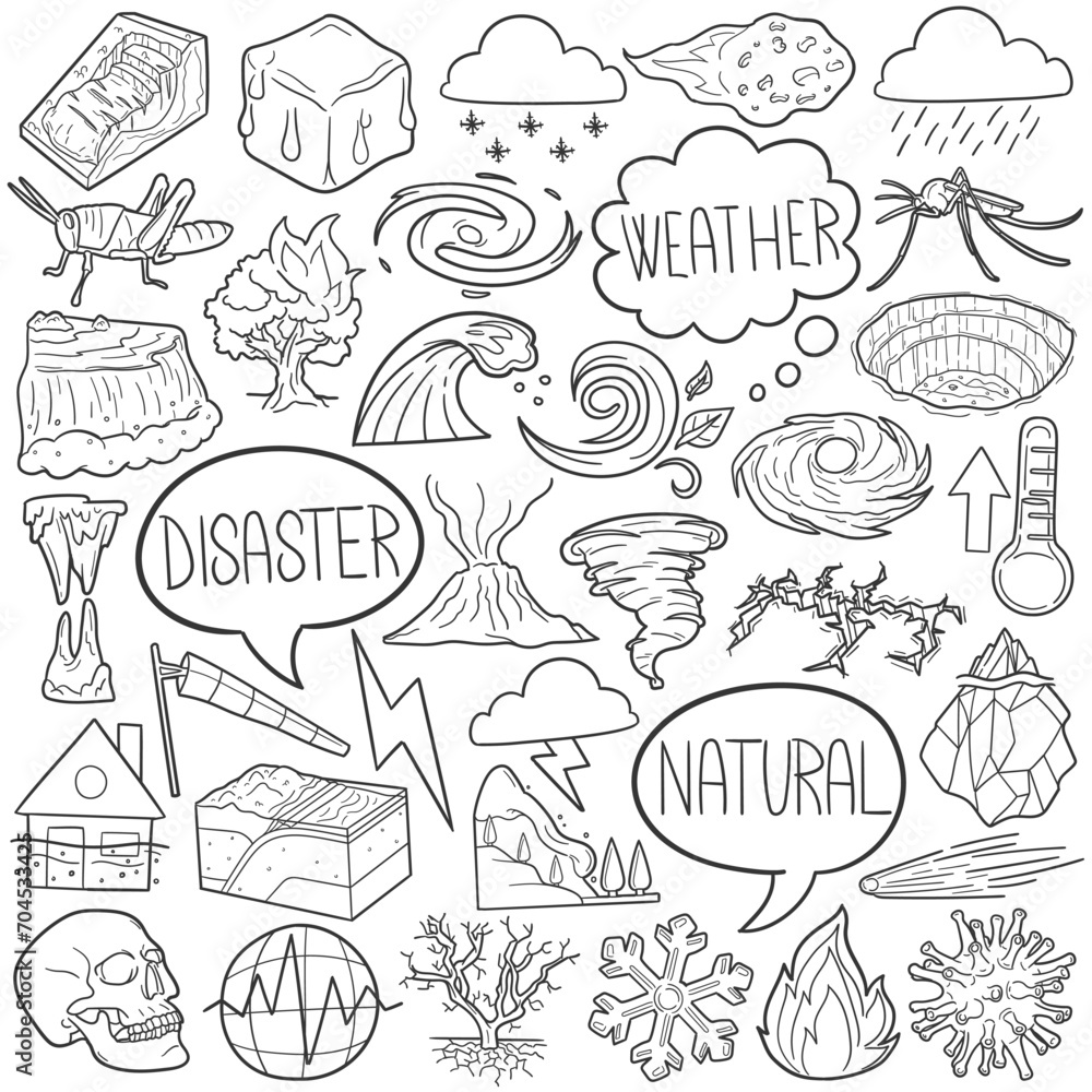 Natural Disaster Doodle Icons Black and White Line Art. Weather Clipart ...