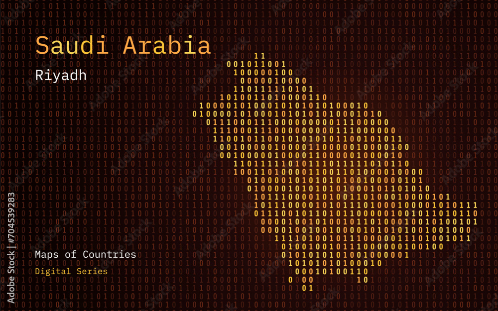 Saudi Arabia Gold Map Shown in Binary Code Pattern. Matrix numbers, zero, one. World Countries ...