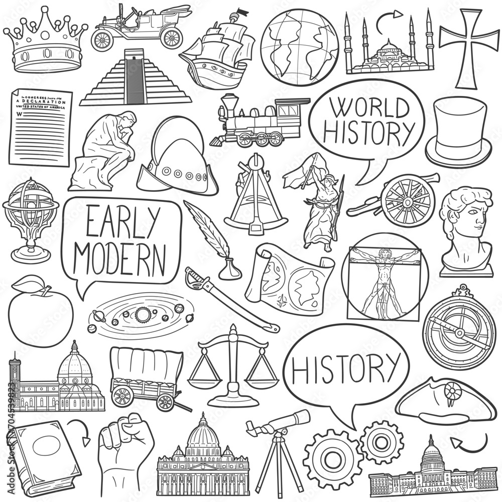 World History Doodle Icons Black and White Line Art. Early Modern ...