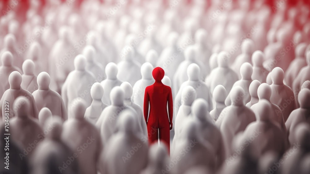 power of individuality amidst a blurred crowd of white human figures ...