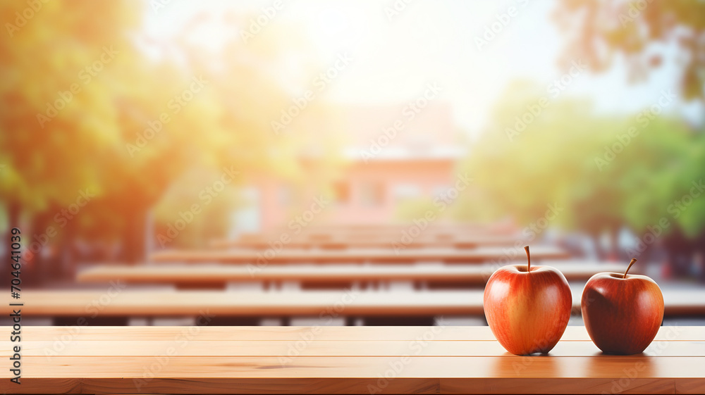 Wooden table with an apple on it, school background, product display ...