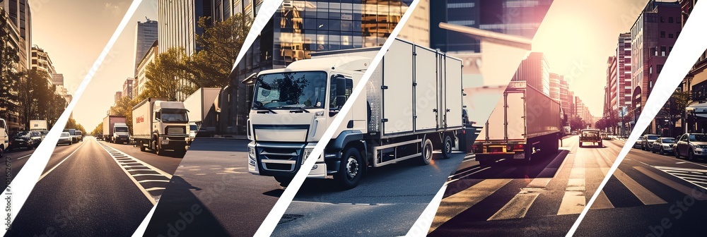 Logistics industry concept collage with white vertical lines and bright ...