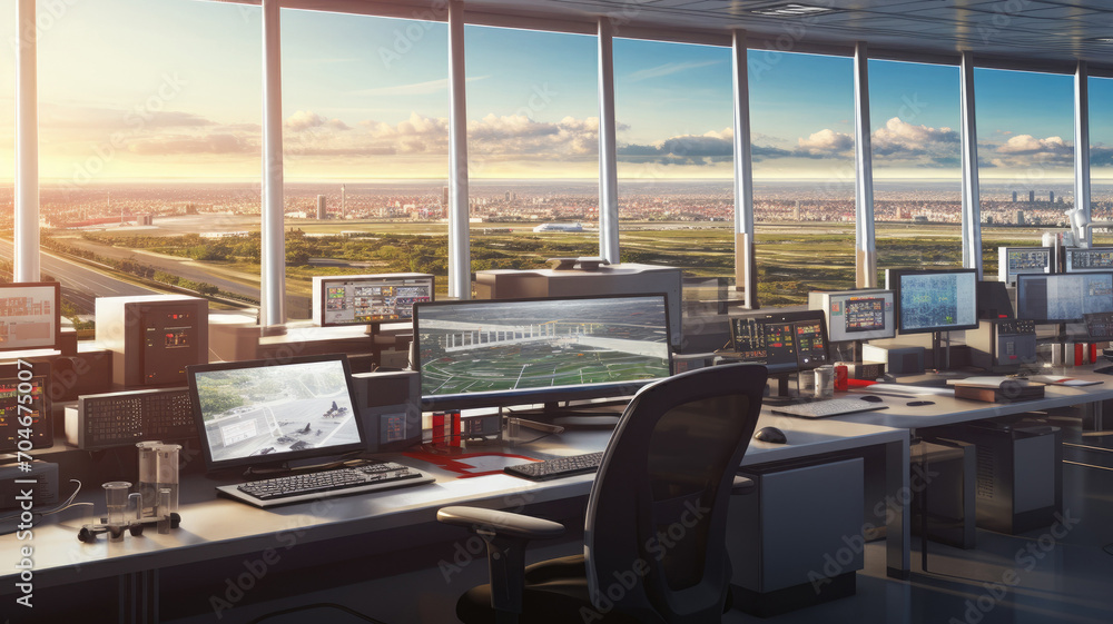 Foto de Stock Workplace in the tower at the airport. Traffic control at ...