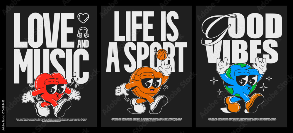 Collection cartoon typography groovy poster 70s . Cute retro characters ...