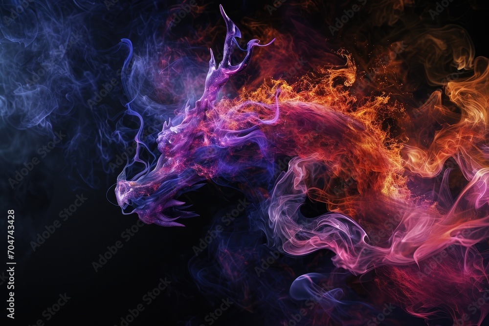 Image of dragon with colourful smoke on black background. Mythical ...