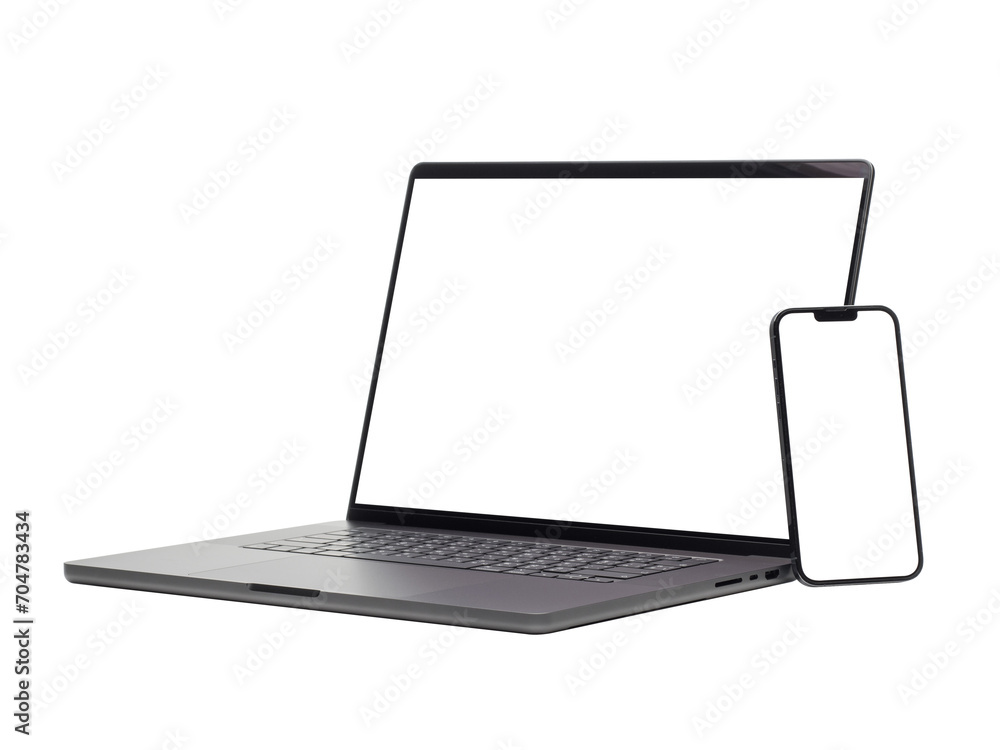 Laptop and smart phone with blank screen isolated on transparent ...