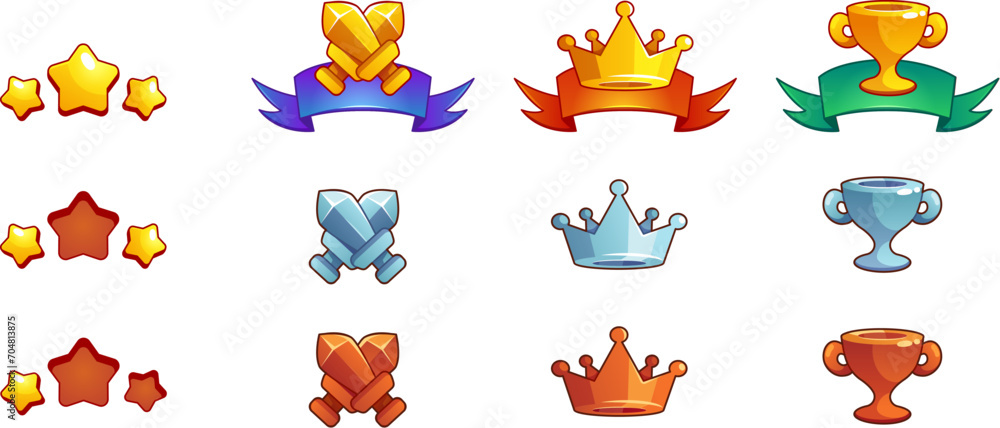 Emblems and rewards for three different levels of completion of game task or for level rank ...