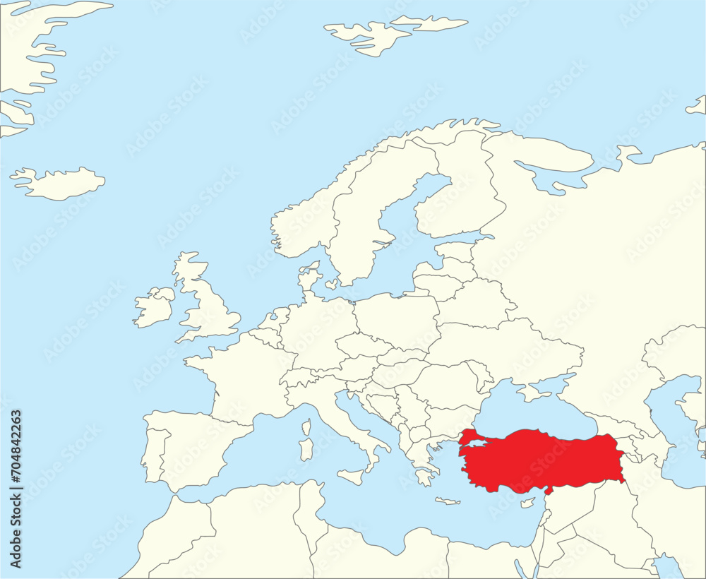 Red CMYK national map of TURKEY/TURKIYE inside simplified beige blank ...