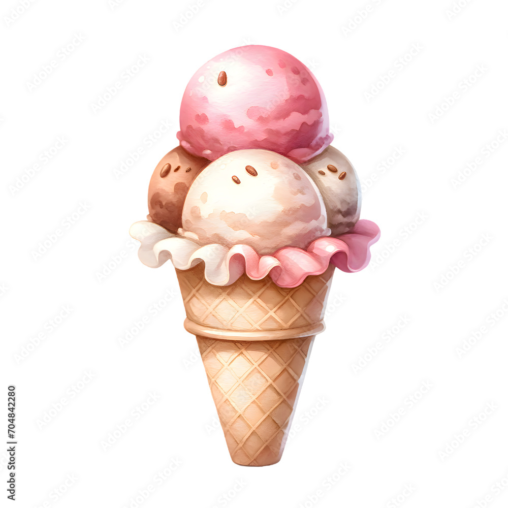 Watercolor ice cream cone isolated on white background. Watercolor ice ...