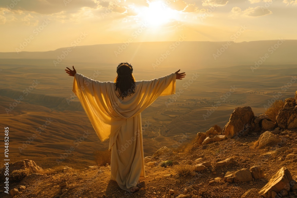 Jesus Christ in the desert. Arms outstretched, in worship. The concept ...