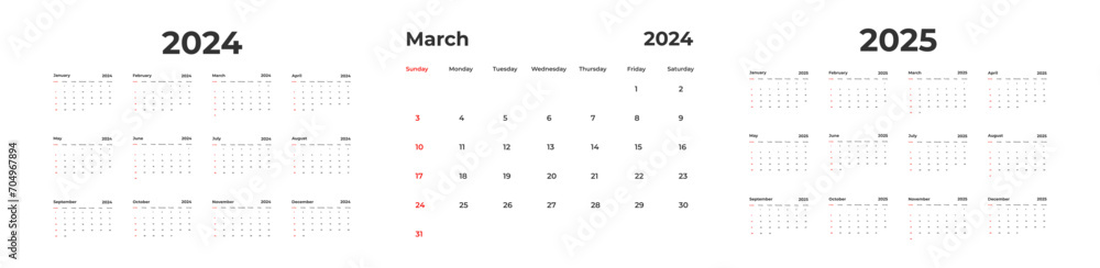 2024, 2025 year calendar. Desk planner template with 12 months. Week ...