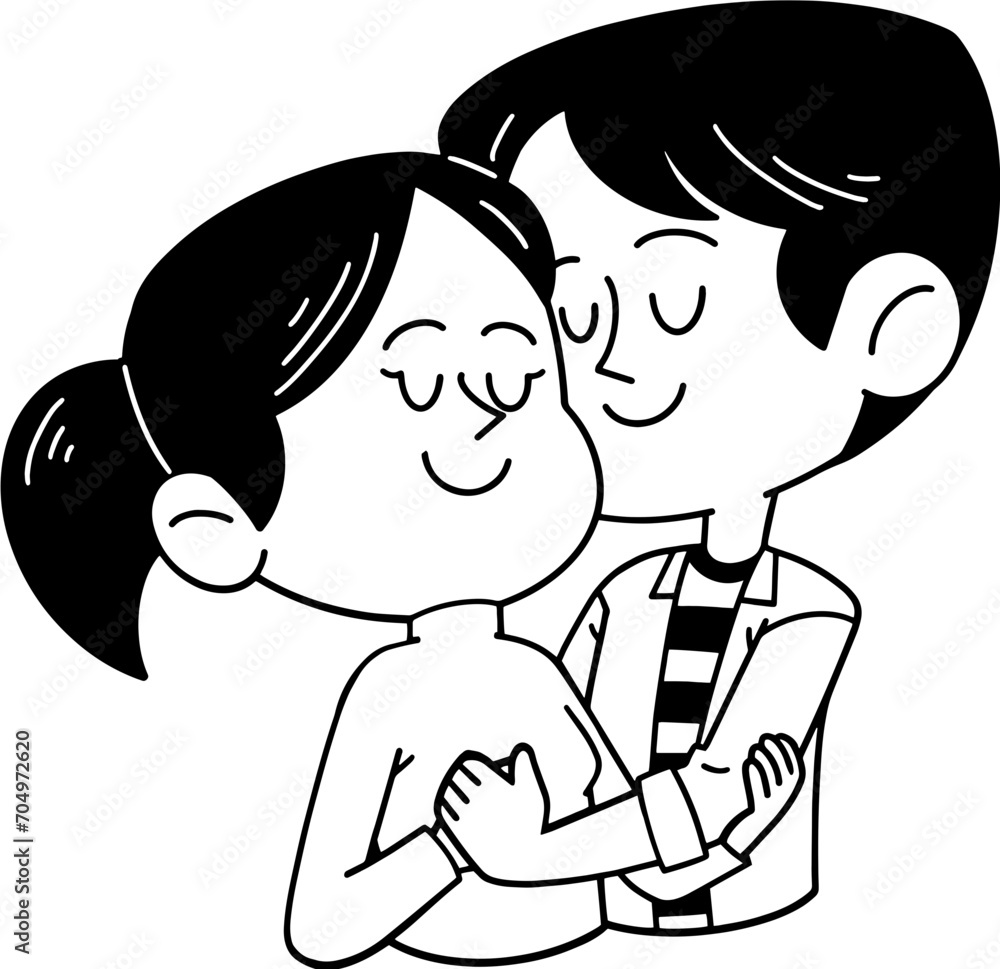 Cute valentine couple hugging, coloring page outline cartoon ...