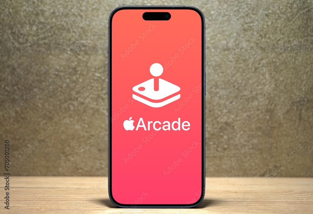 Apple Arcade Logo shown on modern iPhone 15 Pro, video game ...