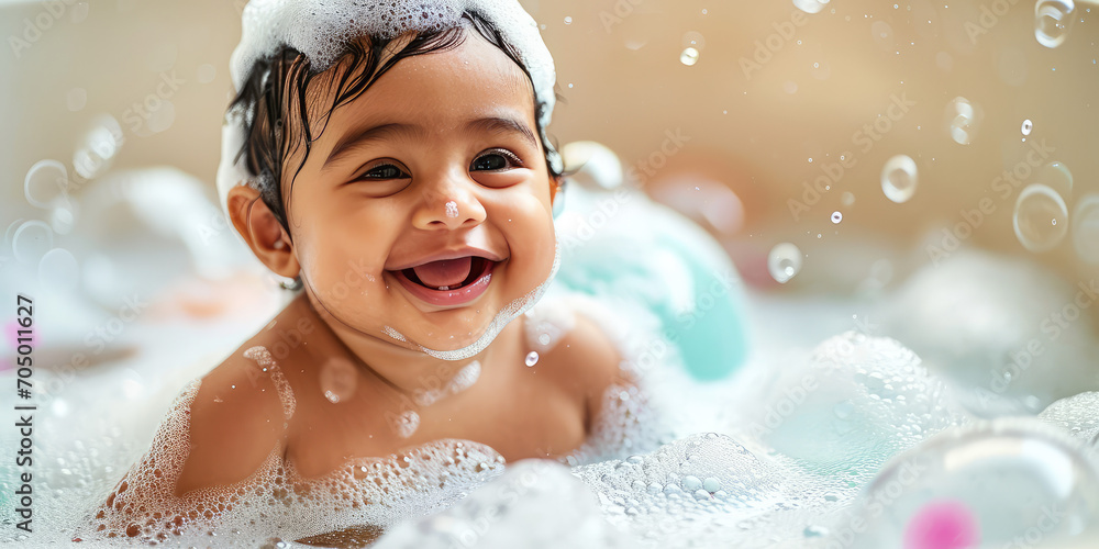 Indian Baby smile and bath in a bubble bath with soapy bubbles. Joyful ...