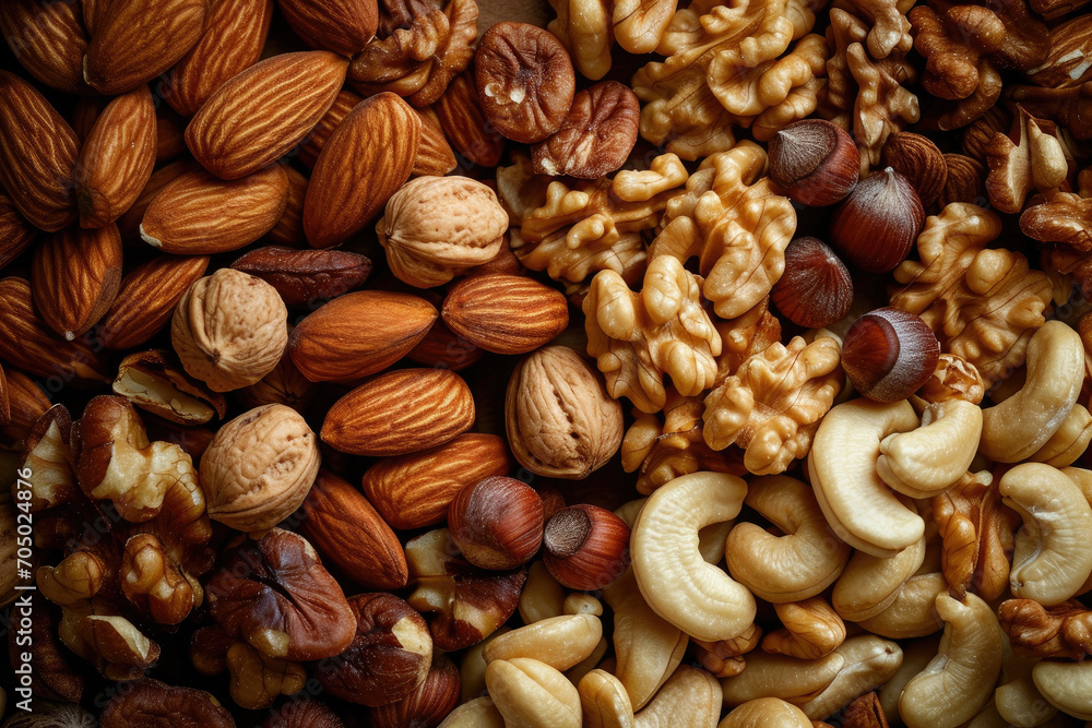 Mix of different kinds of natural nuts background, including of pecan ...
