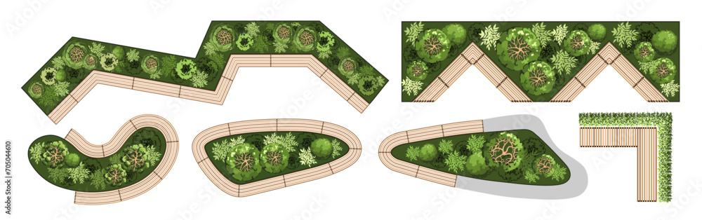 Top view elements for the landscape design plan. Trees and benches for ...