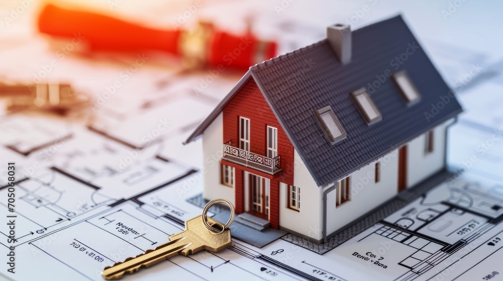 tiny architectural house 3d model isolated on a blueprint or layout ...